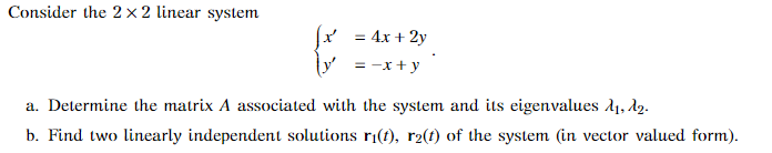 Solved Consider the 2×2 ﻿linear systemx',=4x+2yy',=-x+ya. | Chegg.com