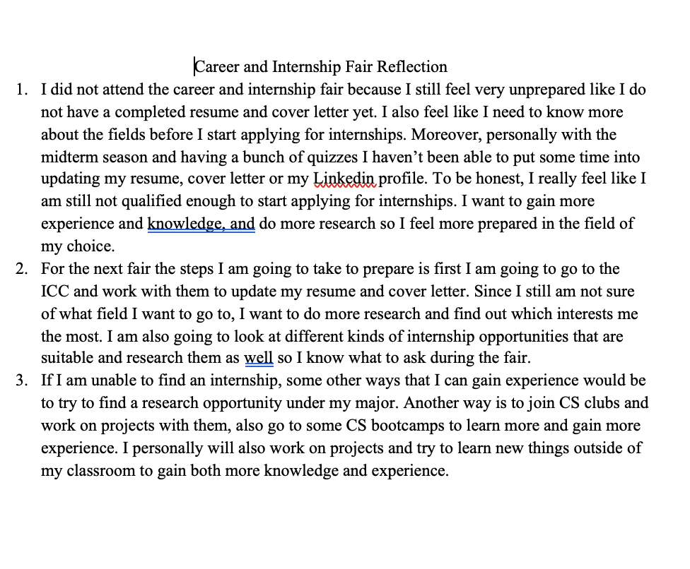 Career and Internship Fair Reflection 1. I did not | Chegg.com