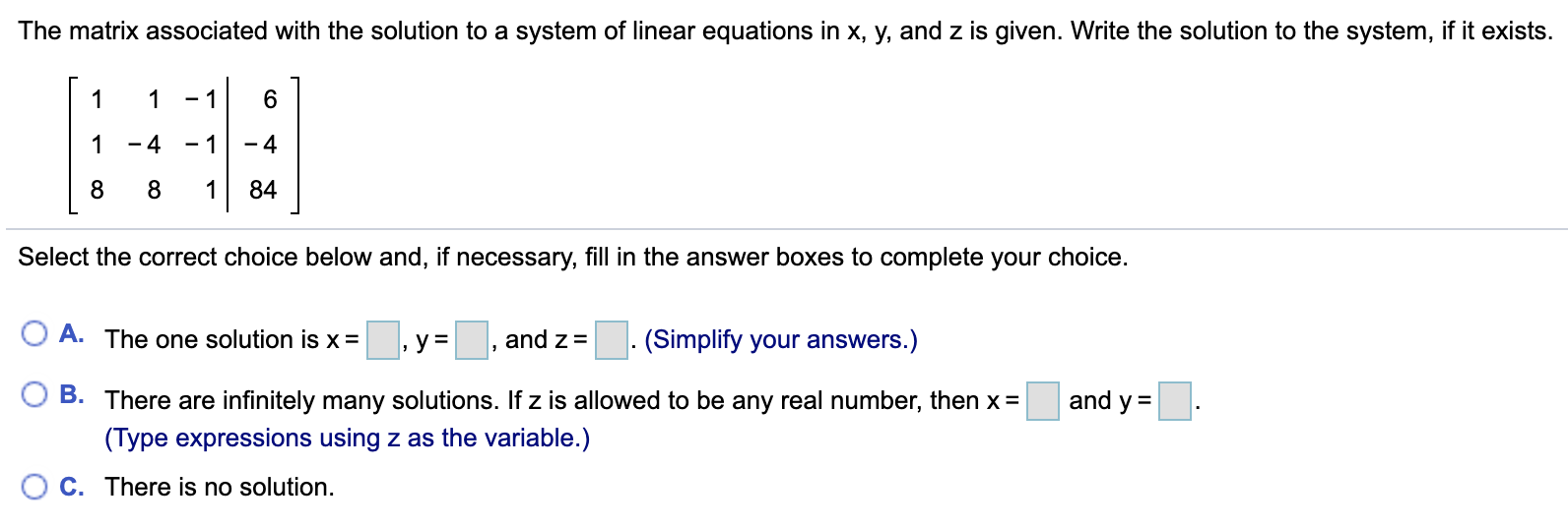 Solved The matrix associated with the solution to a system | Chegg.com