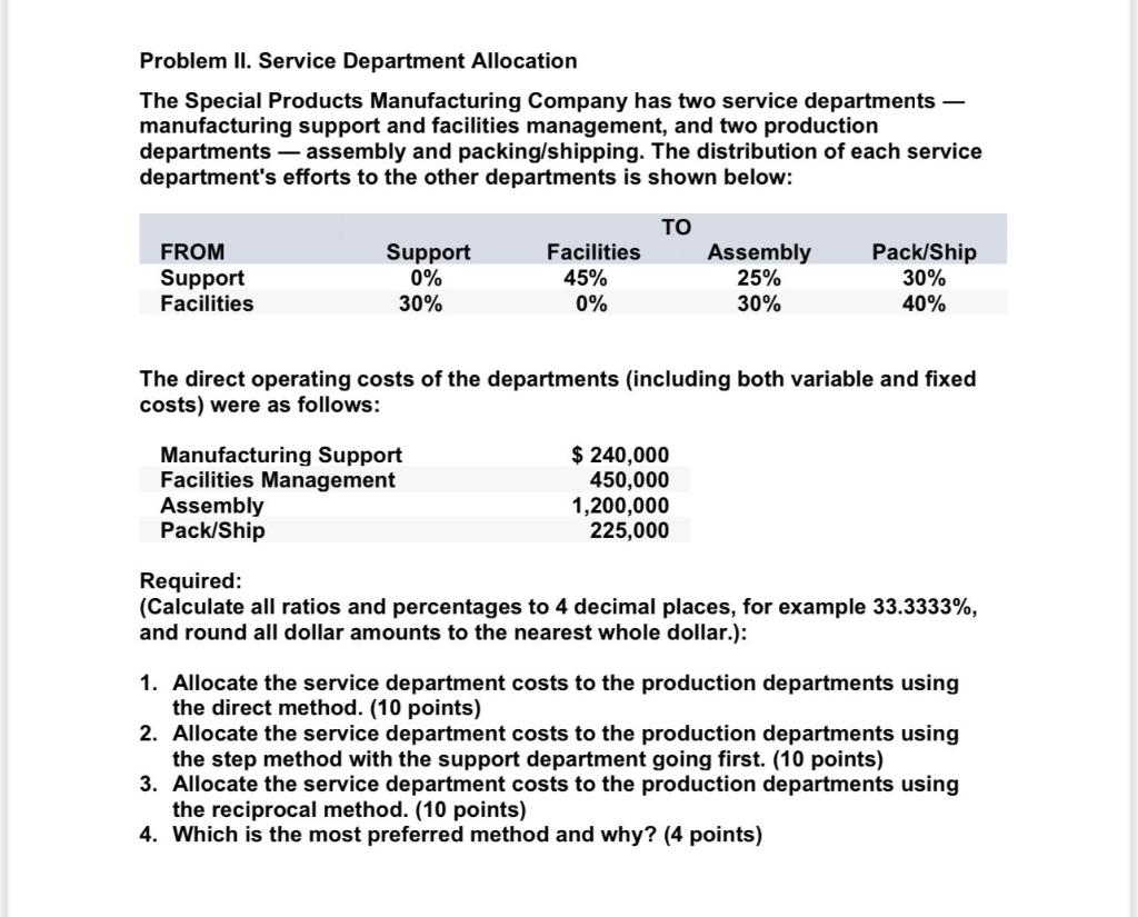 Solved Problem II. Service Department Allocation The Special | Chegg.com