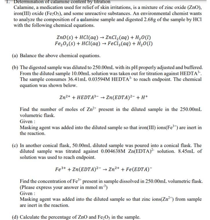 Solved 1. Determination of calamine content by titration | Chegg.com