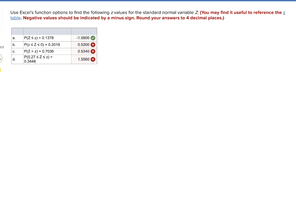 Solved Use Excel's function options to find the following z | Chegg.com