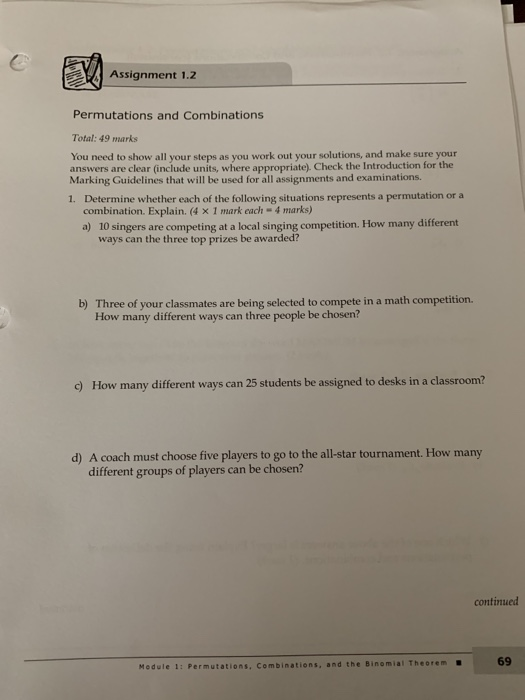 Assignment 1.2 Permutations and Combinations Total: | Chegg.com