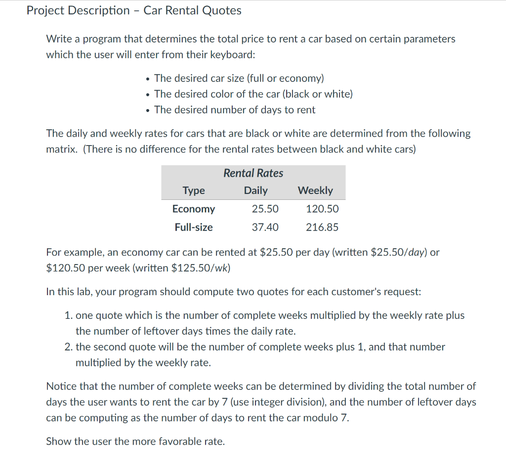 Solved Project Description - Car Rental Quotes Write a | Chegg.com