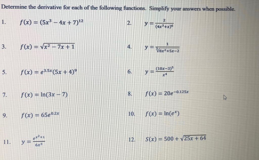 Solved Determine the derivative for each of the following | Chegg.com
