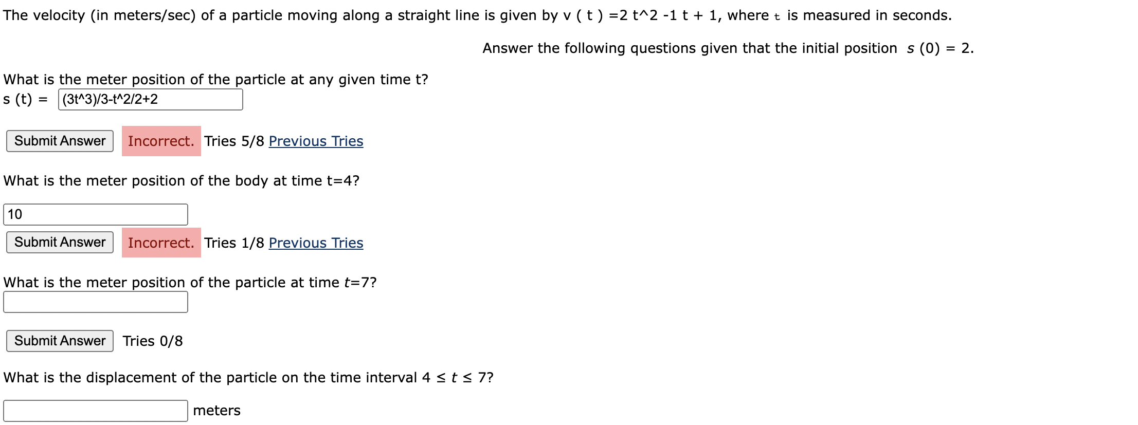 Solved The velocity (in meters/sec) of a particle moving | Chegg.com