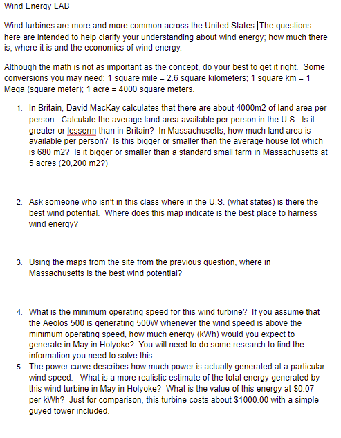 Solved Wind Energy LAB Wind turbines are more and more | Chegg.com