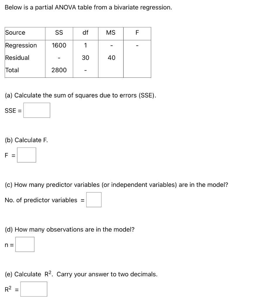 Solved Below is a partial ANOVA table from a bivariate | Chegg.com