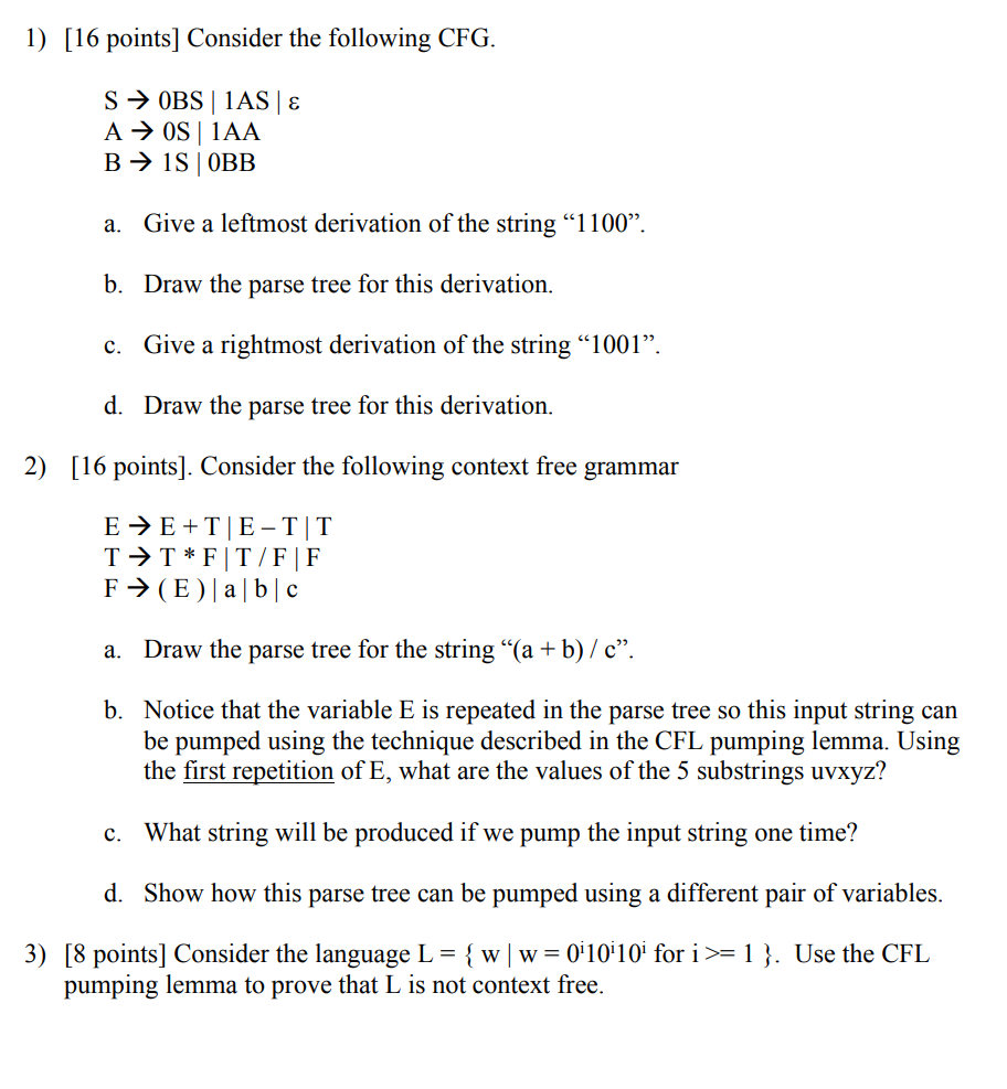 1) [16 points] Consider the following CFG. | Chegg.com