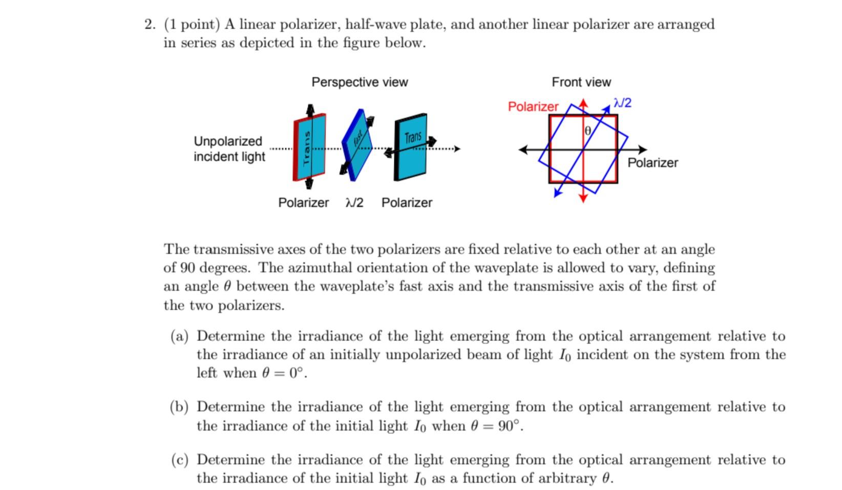 Solved 2. (1 point) A linear polarizer, half-wave plate, and | Chegg.com