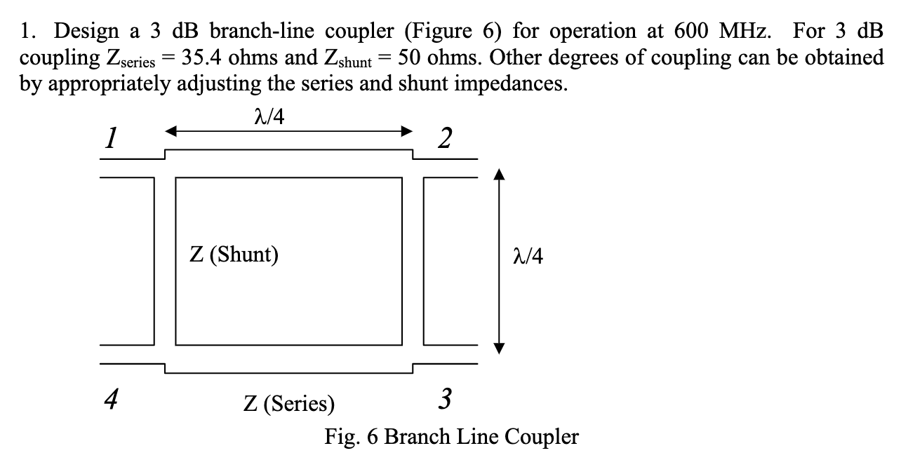Solved 1. Design a 3 dB branch-line coupler (Figure 6) for | Chegg.com