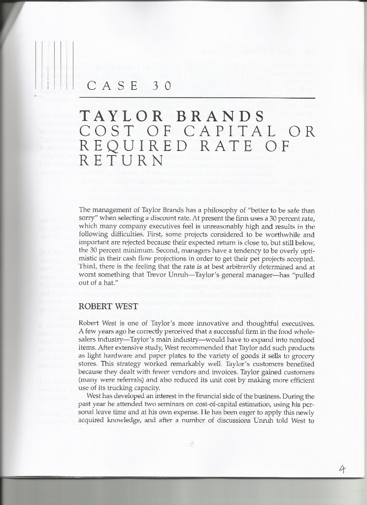 CASE 30 TAYLOR BRANDS COST OF CAPITAL OR REQUIRED | Chegg.com