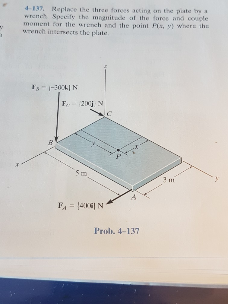 Solved 4-137. Replace the three forces acting on the plate | Chegg.com