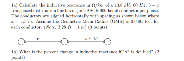 Solved la) Calculate the inductive reactance in 2/km of a | Chegg.com