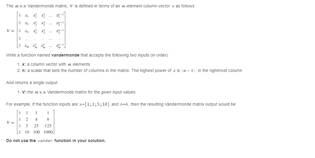 Solved The mxn Vandermonde matrix, V is defined in terms of | Chegg.com