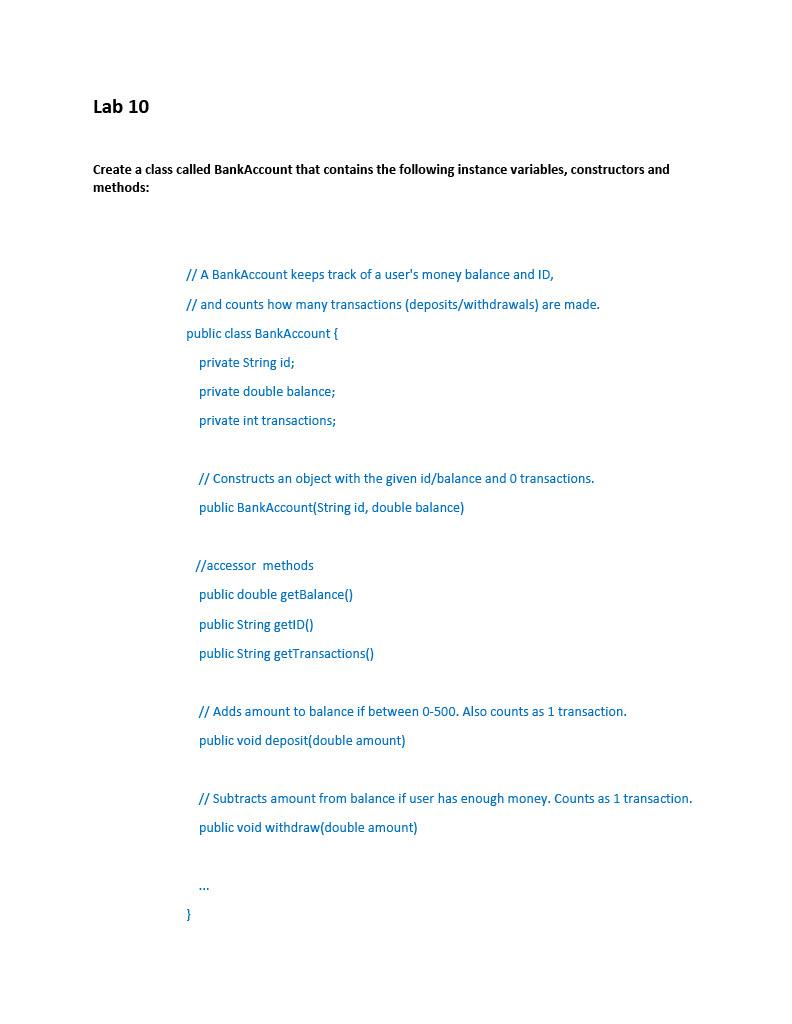Solved Lab 10 Create a class called BankAccount that | Chegg.com