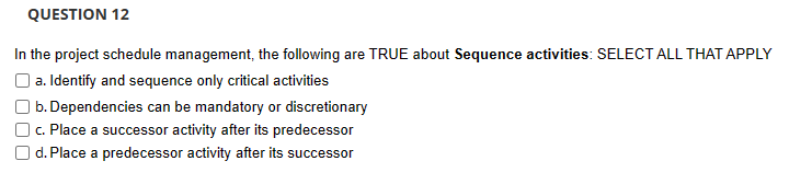 Solved In the project schedule management, the following are | Chegg.com