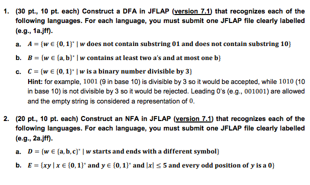 Solved 1. (30 pt., 10 pt. each) Construct a DFA in JFLAP | Chegg.com Solved 1. (30 pt., 10 pt. each) Construct a DFA in JFLAP | Chegg.com