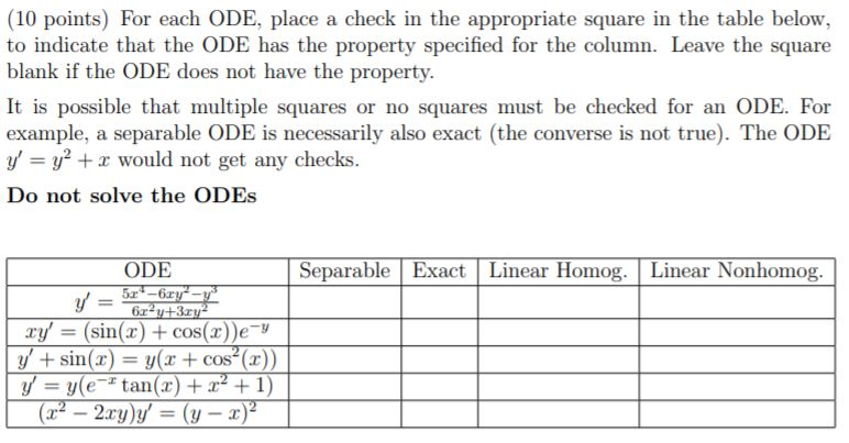 Solved (10 points) For each ODE, place a check in the | Chegg.com