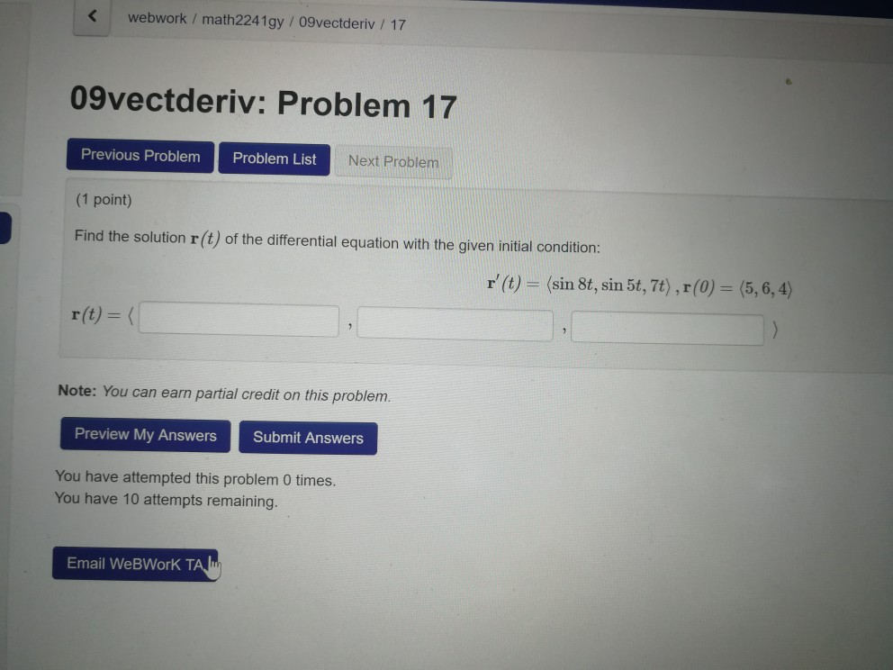 Solved webwork / math2241gy / 09vectderiv / 17 09vectderiv: | Chegg.com
