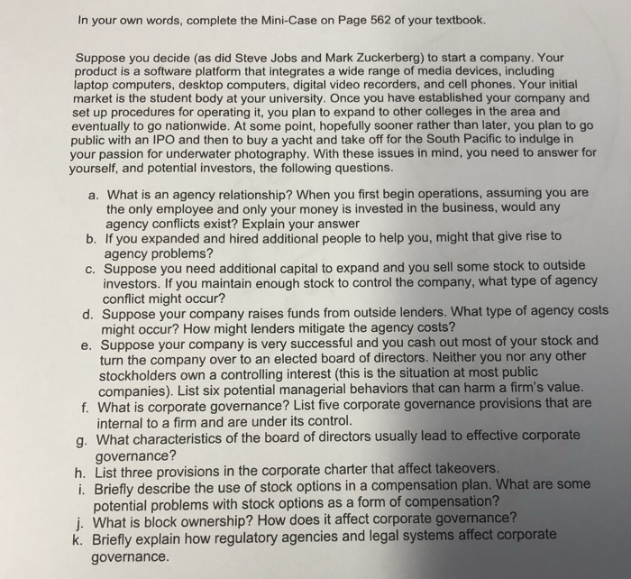 Solved In your own words, complete the Mini-Case on Page 562 | Chegg.com