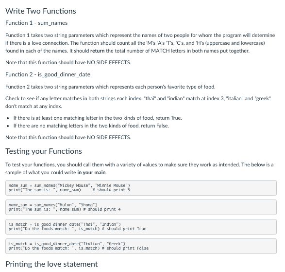 Solved Write Two Functions Function 1 - sum_names Function 1 | Chegg.com