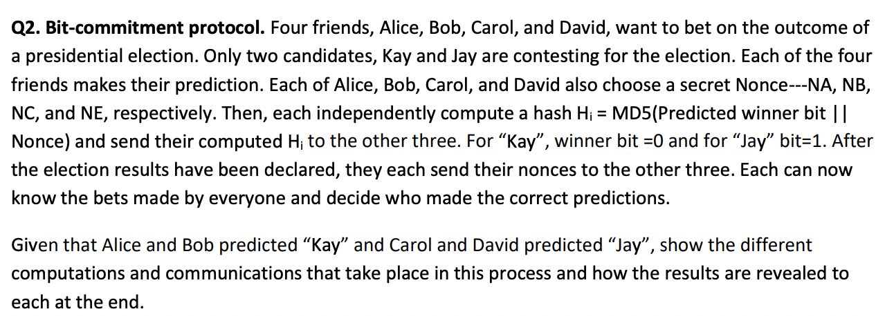 Q2. Bit-commitment protocol. Four friends, Alice, | Chegg.com