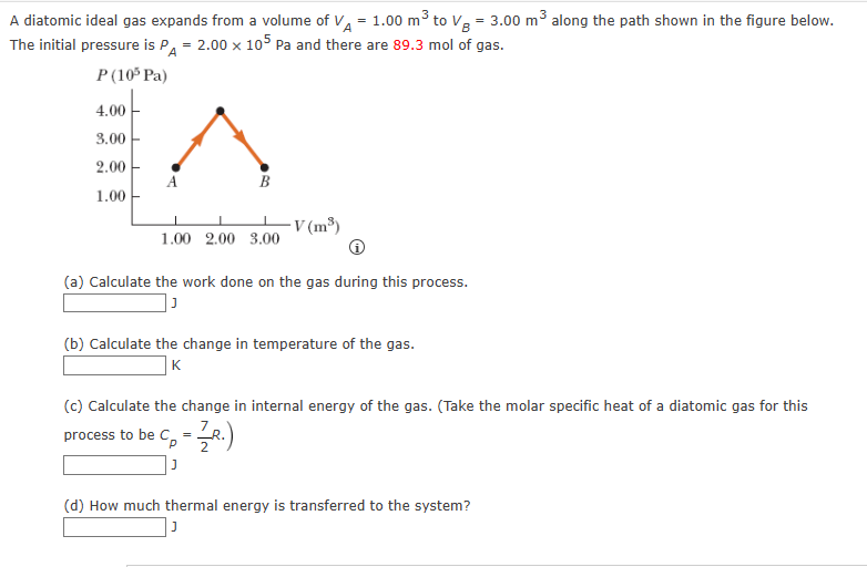 Solved A diatomic ideal gas expands from a volume of VA=1.00 | Chegg.com