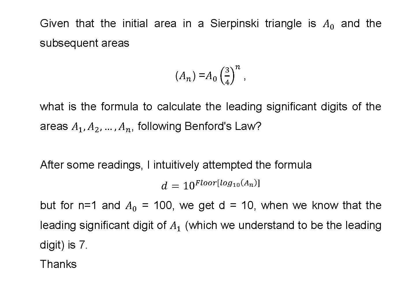 Solved Given that the initial area in a Sierpinski triangle | Chegg.com