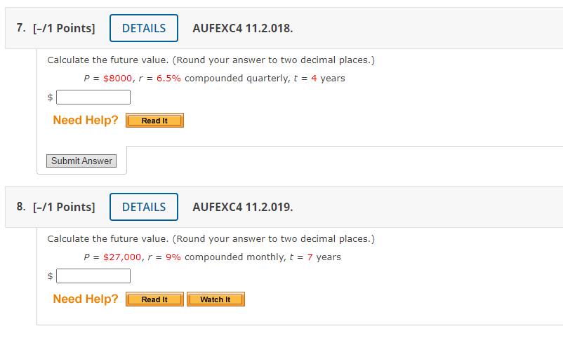 Solved 7. [-/1 Points] DETAILS AUFEXC4 11.2.018. Calculate | Chegg.com
