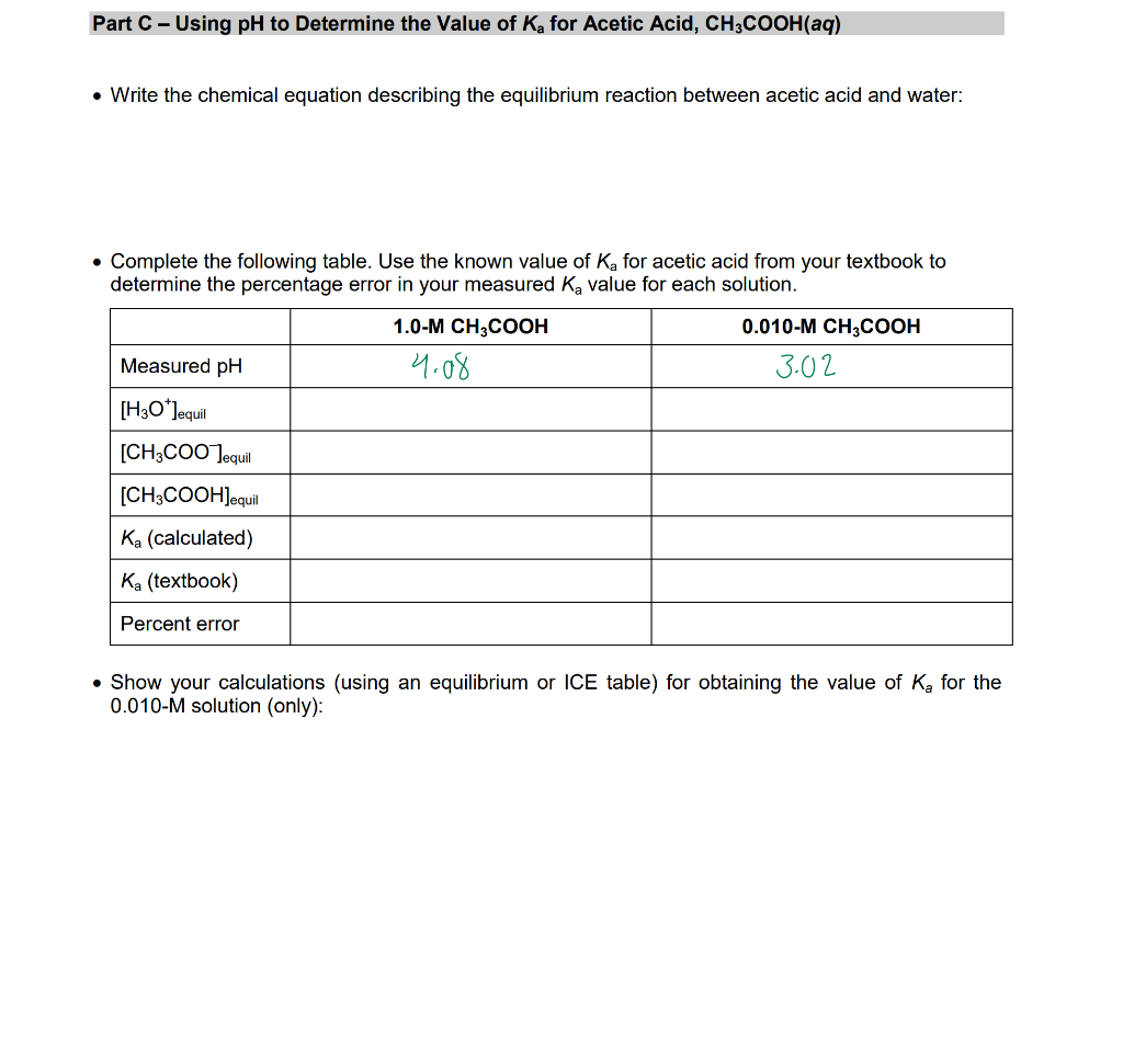 Solved Part C - Using pH to Determine the Value of K, for | Chegg.com