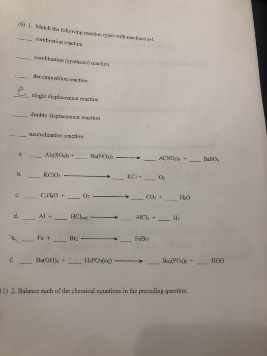 Solved (6) 1. Match the following reaction types with | Chegg.com