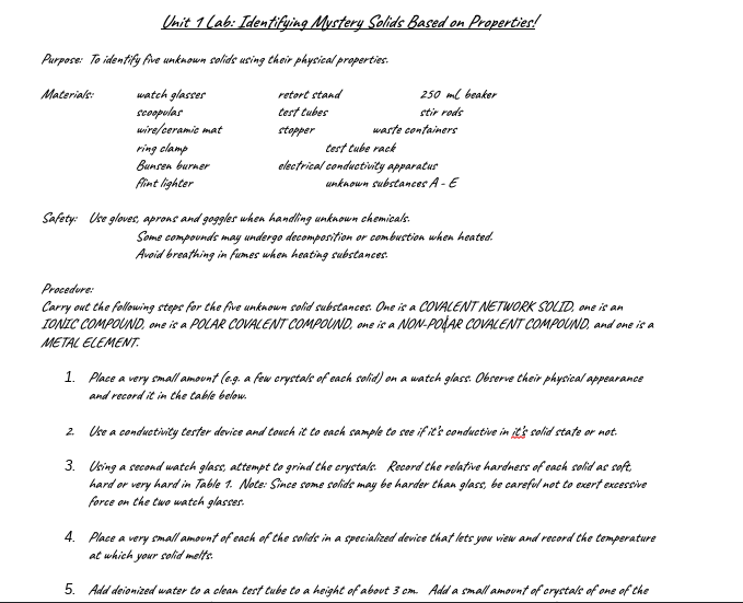 Solved Unit 1 Lab: Identifying Mystery Solids based on | Chegg.com