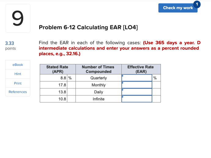 Solved Check my work 9 Problem 6-12 Calculating EAR (L04] | Chegg.com