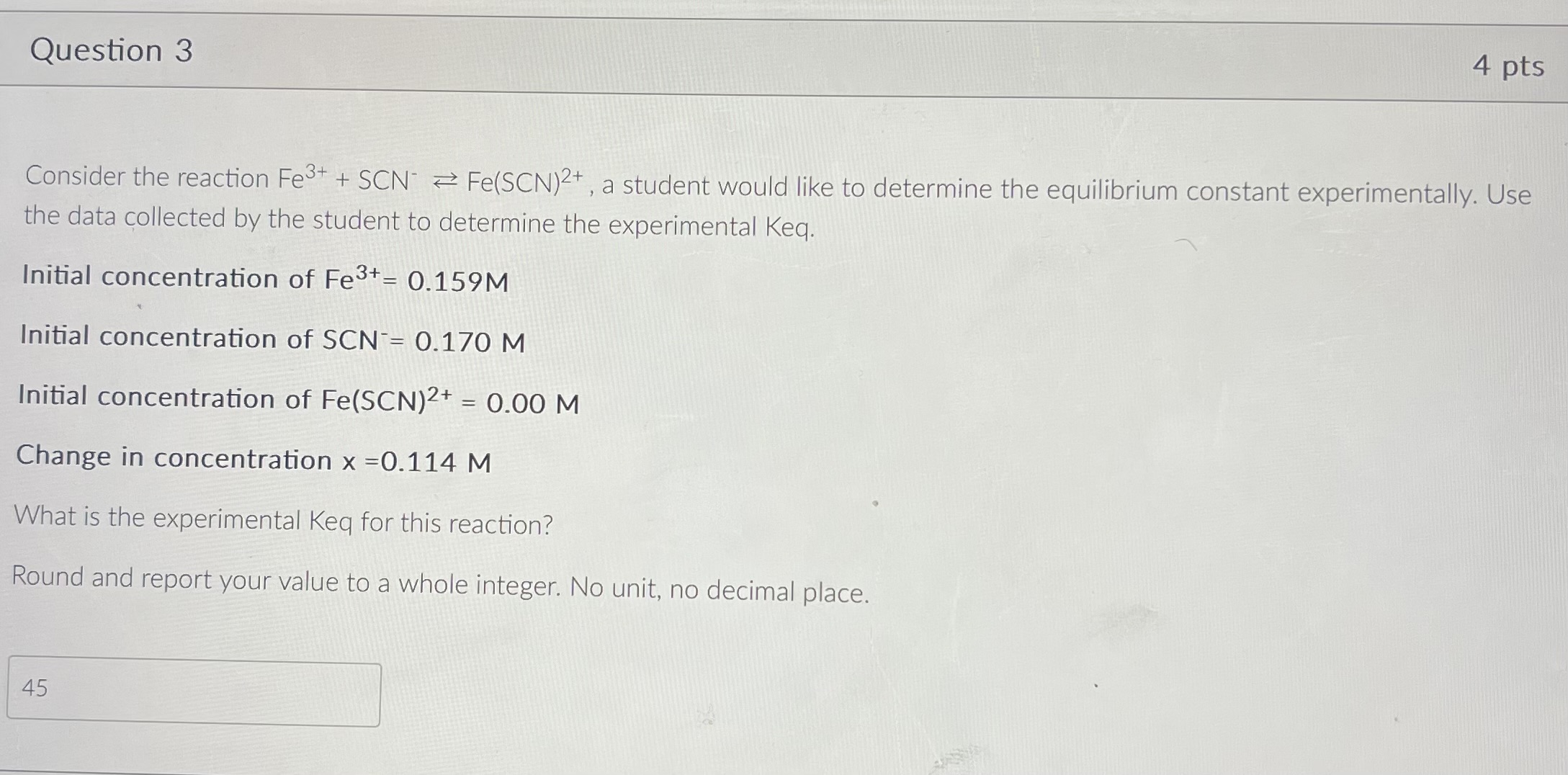 Solved Consider the reaction Fe3++SCN−⇄Fe(SCN)2+, a student | Chegg.com