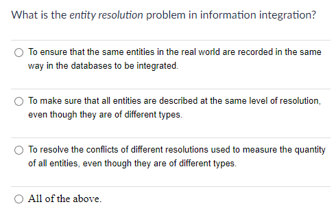 Solved What is the entity resolution problem in information | Chegg.com