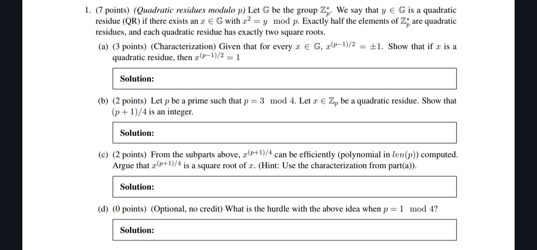 Solved 1. (7 points) (Quadratic residues modulo p ) Let G be | Chegg.com