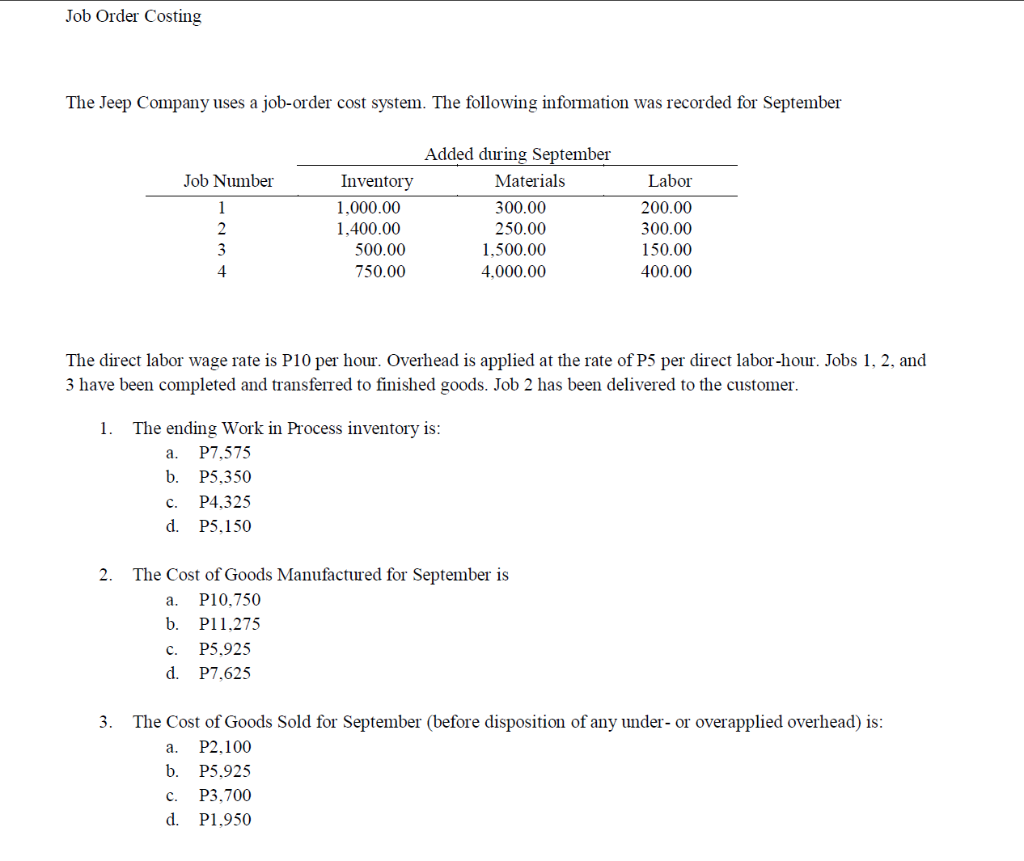 Solved Job Order Costing The Jeep Company uses a job-order | Chegg.com