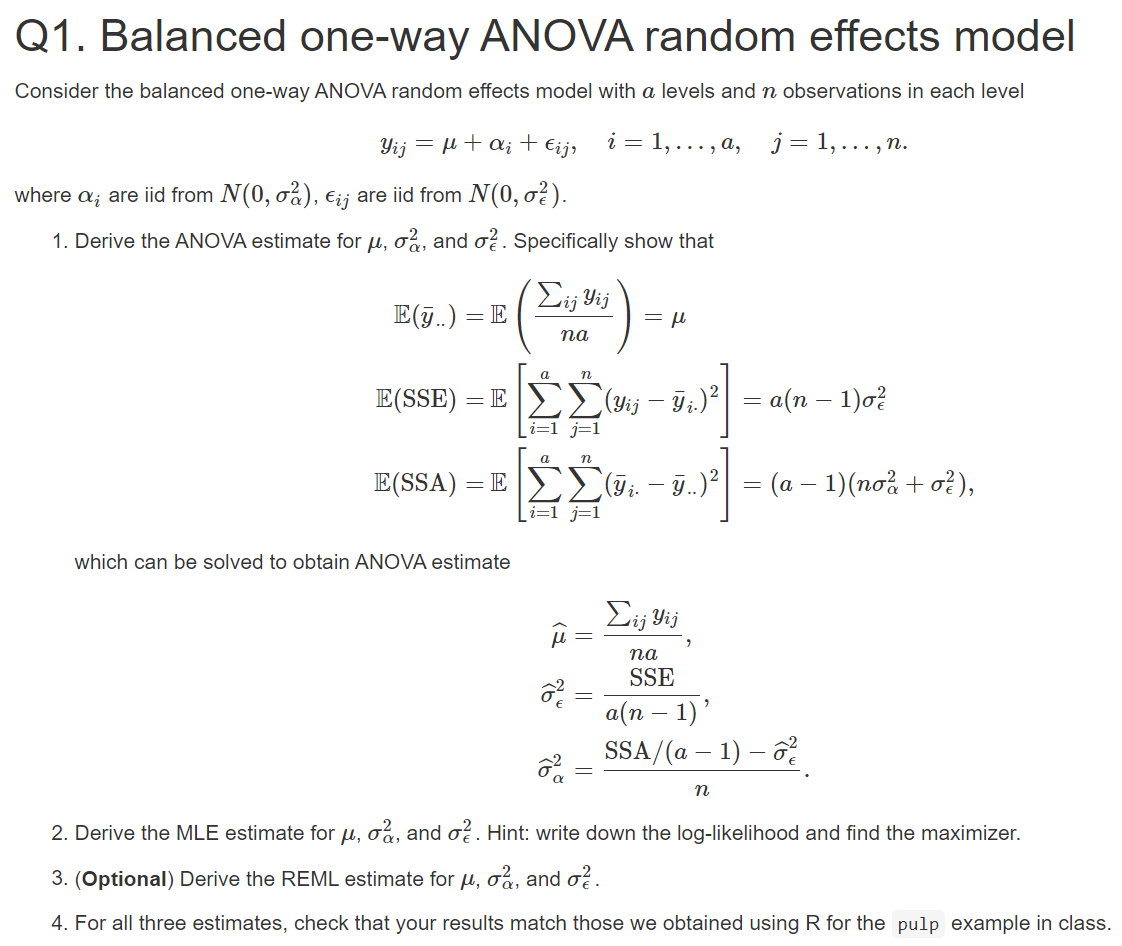 Solved Q1 Balanced One Way Anova Random Effects Model