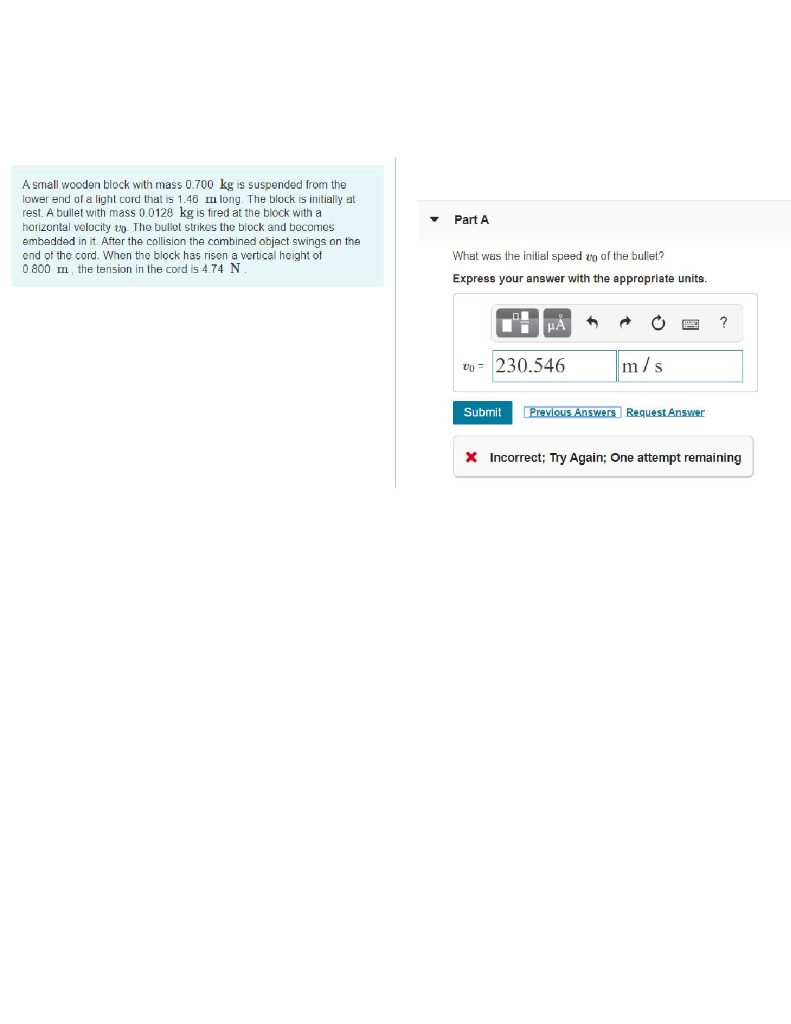 Solved A small wooden block with mass 0.700 kg is suspended | Chegg.com