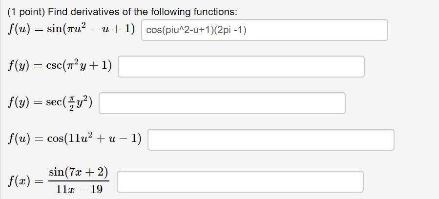 Solved (1 point) Find derivatives of the following | Chegg.com