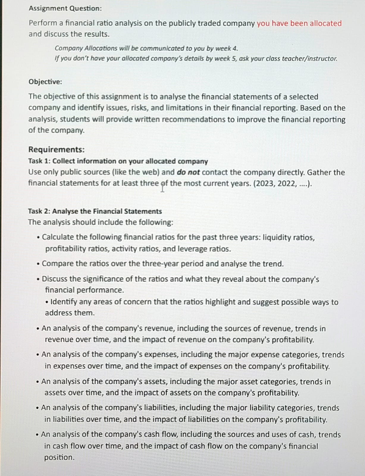 Solved Assignment Question: Perform a financial ratio | Chegg.com