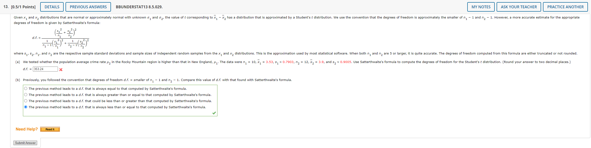 Solved degrees of freedom is given by Satterthwaite's | Chegg.com