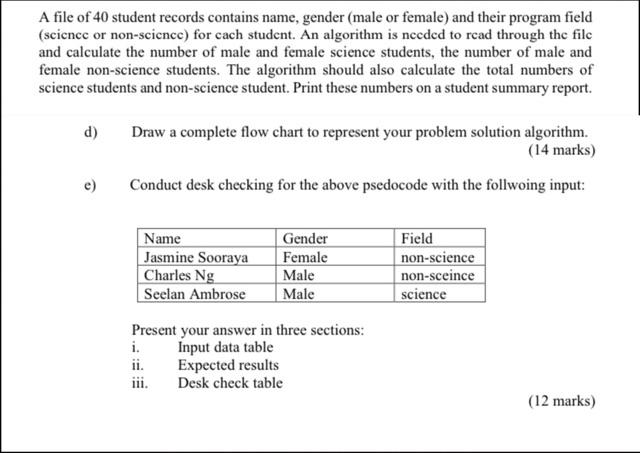 Solved A file of 40 student records contains name, gender | Chegg.com