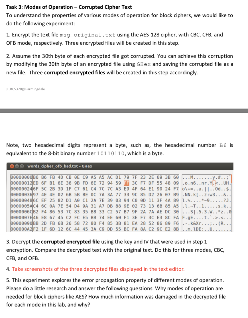 Solved Task 3: Modes of Operation - Corrupted Cipher Text To | Chegg.com