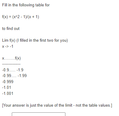 Solved Fill in the following table for f(x)=(x∧2−1)/(x+1) to | Chegg.com