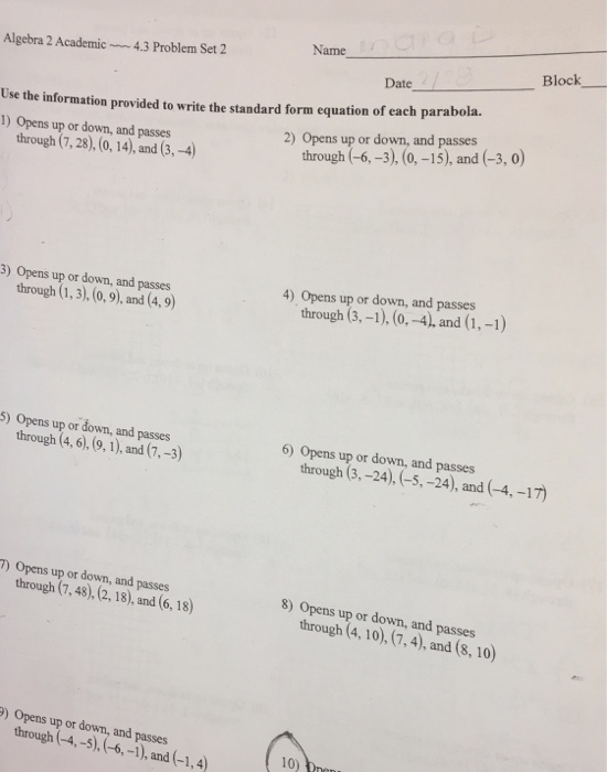 Solved Name Algebra 2 Academic4.3 Problem Set 2 Block Date | Chegg.com