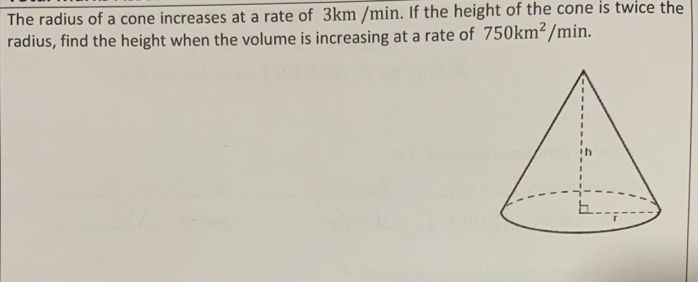 Solved The radius of a cone increases at a rate of 3 km/min. | Chegg.com