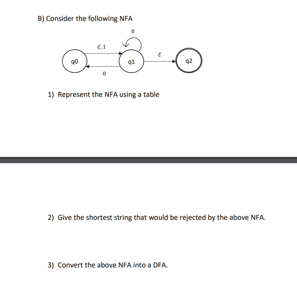 Solved B) Consider the following NFA 1) Represent the NFA | Chegg.com Solved B) Consider the following NFA 1) Represent the NFA | Chegg.com