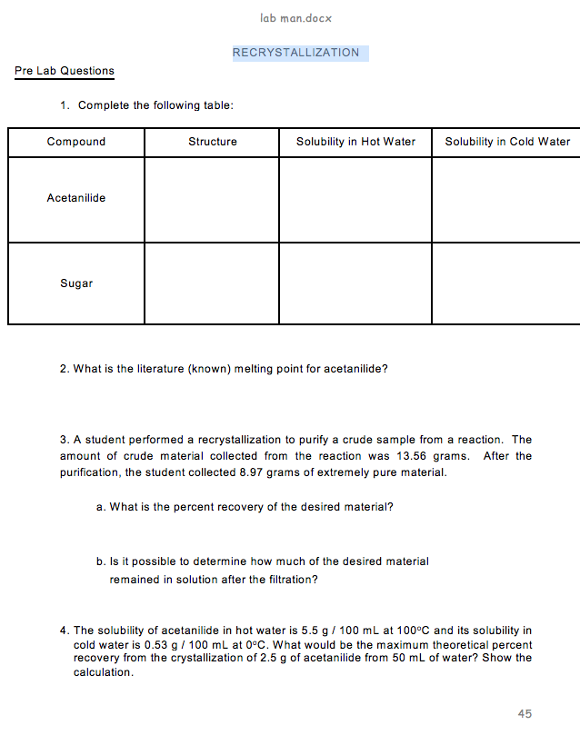 Solved lab man.docx RECRYSTALLIZATION Pre Lab Questions 1. | Chegg.com